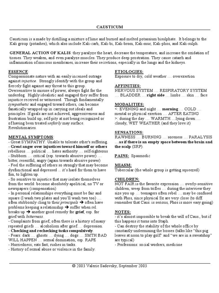 Causticum Chart | PDF | Diseases And Disorders | Medical Specialties