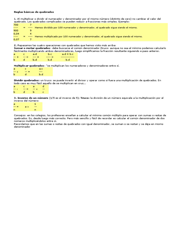Reglas Básicas de Quebrados | PDF