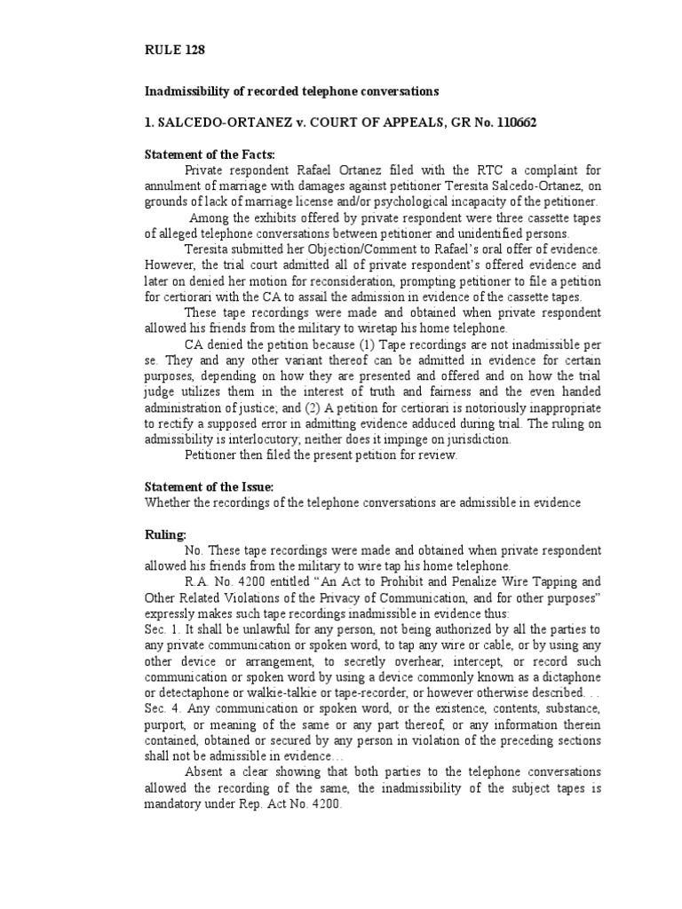 RULE 128 Inadmissibility of Recorded Telephone Conversations 1. Salcedo ...