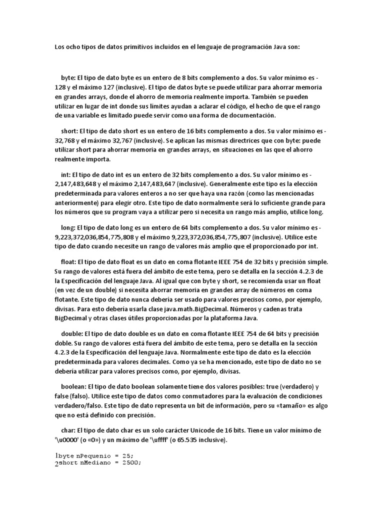 Los Ocho Tipos de Datos Primitivos Incluidos en El Lenguaje de ...