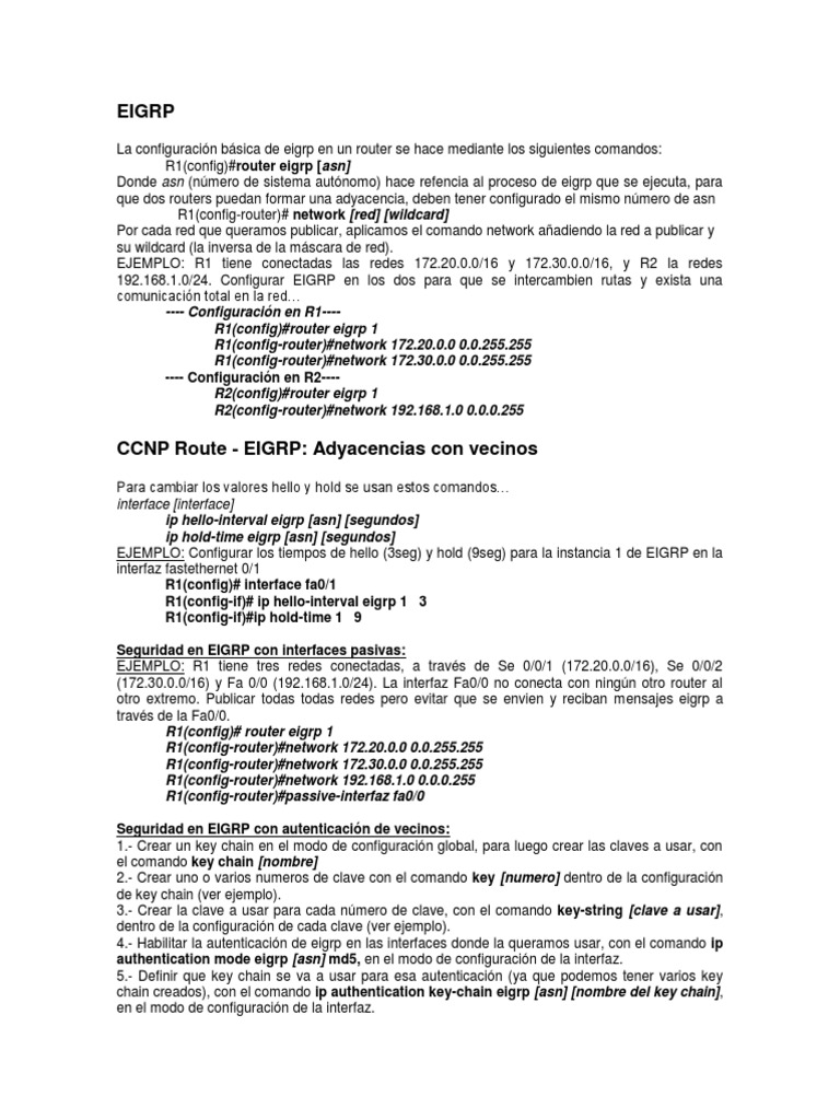 Resumen Configuracion EIGRP | PDF | Enrutador (Computación) | Dirección IP