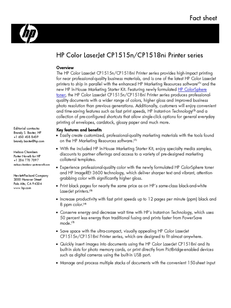 HP Color LaserJet CP1515n/CP1518ni Printer Series | PDF | Hewlett ...