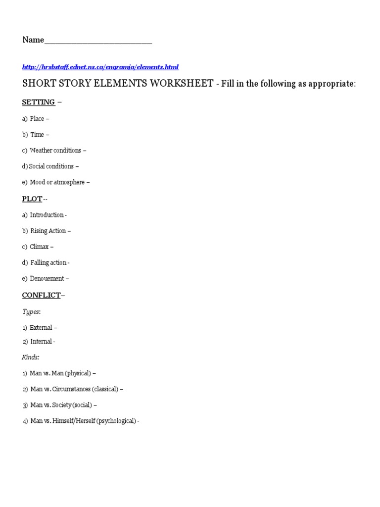 Short Story Elements Worksheet: Name | PDF