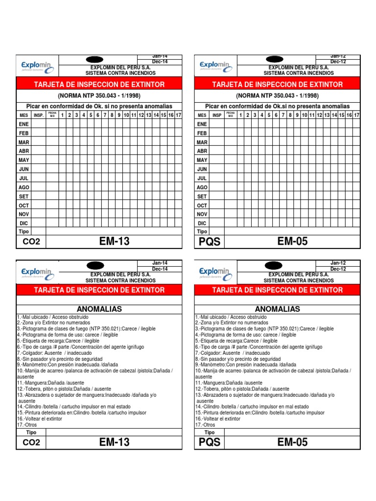 Tarjeta De Inspeccin De Extintoresdocx Tarjetas Extintores | PDF