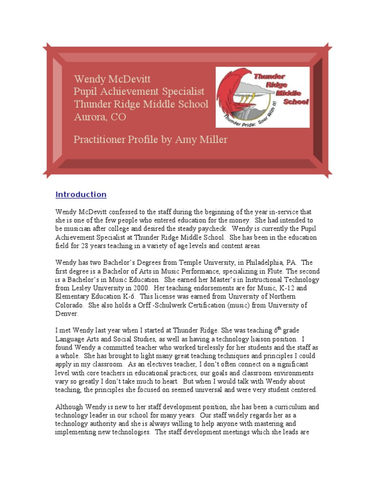 Wendy McDevitt Pupil Achievement Specialist Thunder Ridge Middle School ...