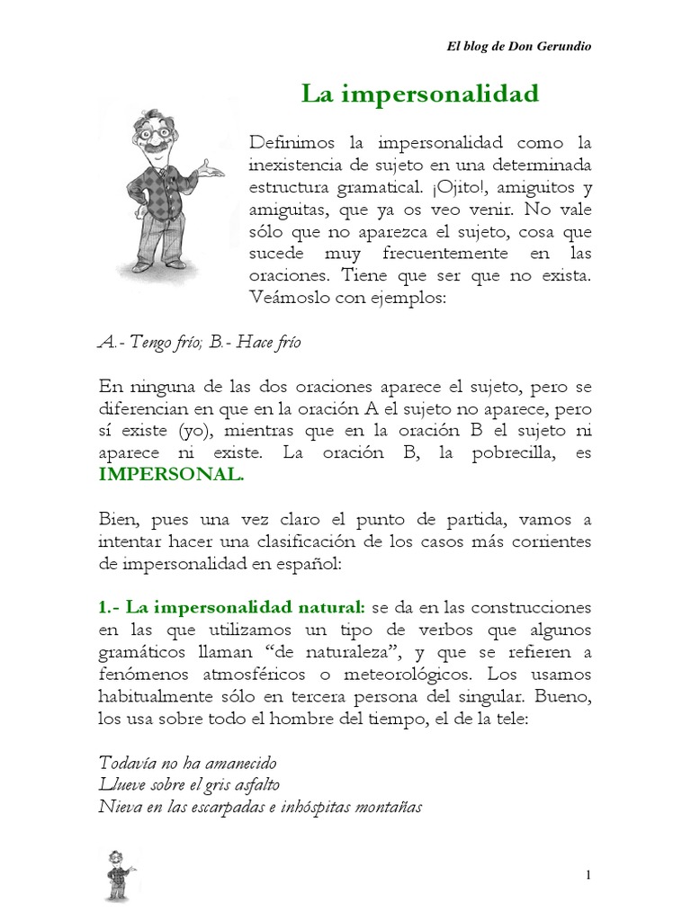 La Impersonalidad | PDF | Asunto (gramática) | Verbo