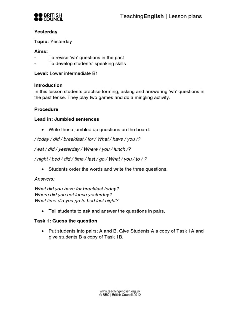 Yesterday Lesson Plan | PDF