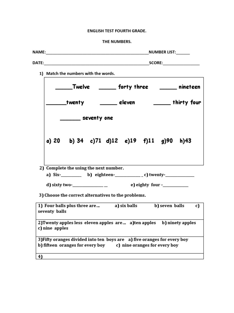 English Test Fourth Grade | PDF