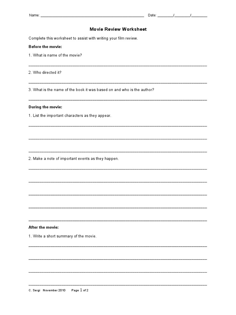 Movie Review Worksheet Template | PDF