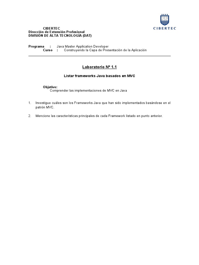 Laboratorio 1.1 - Listar Frameworks Java Basados en MVC | PDF
