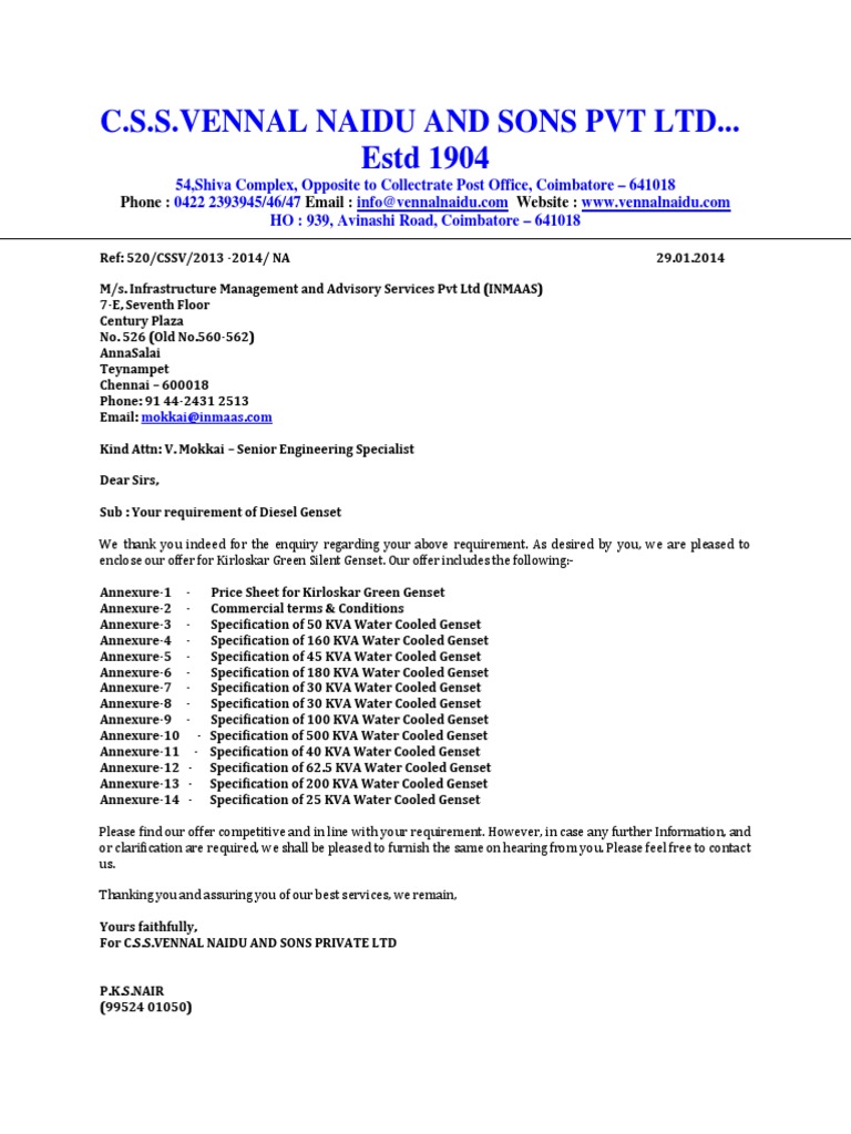 Genset Quotation | PDF | Diesel Engine | Electrical Wiring