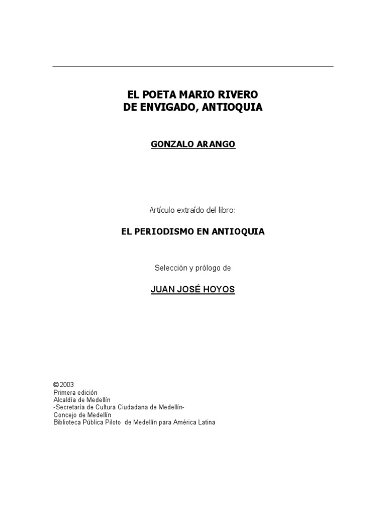 El Poeta Mario Rivero de Envigado Antioquia - Gonzalo Arango PDF | PDF ...