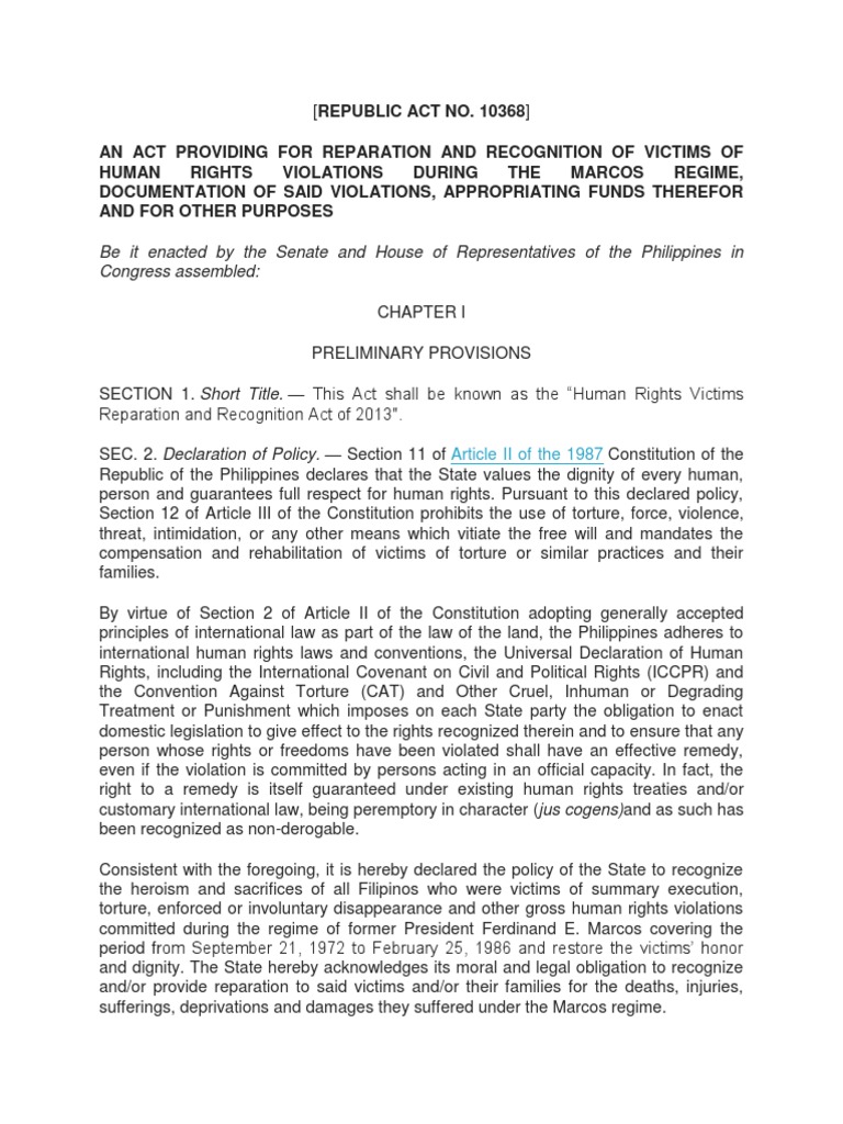 RA 10368 Human Rights Victims Reparation and Recognition Act of 2013 ...