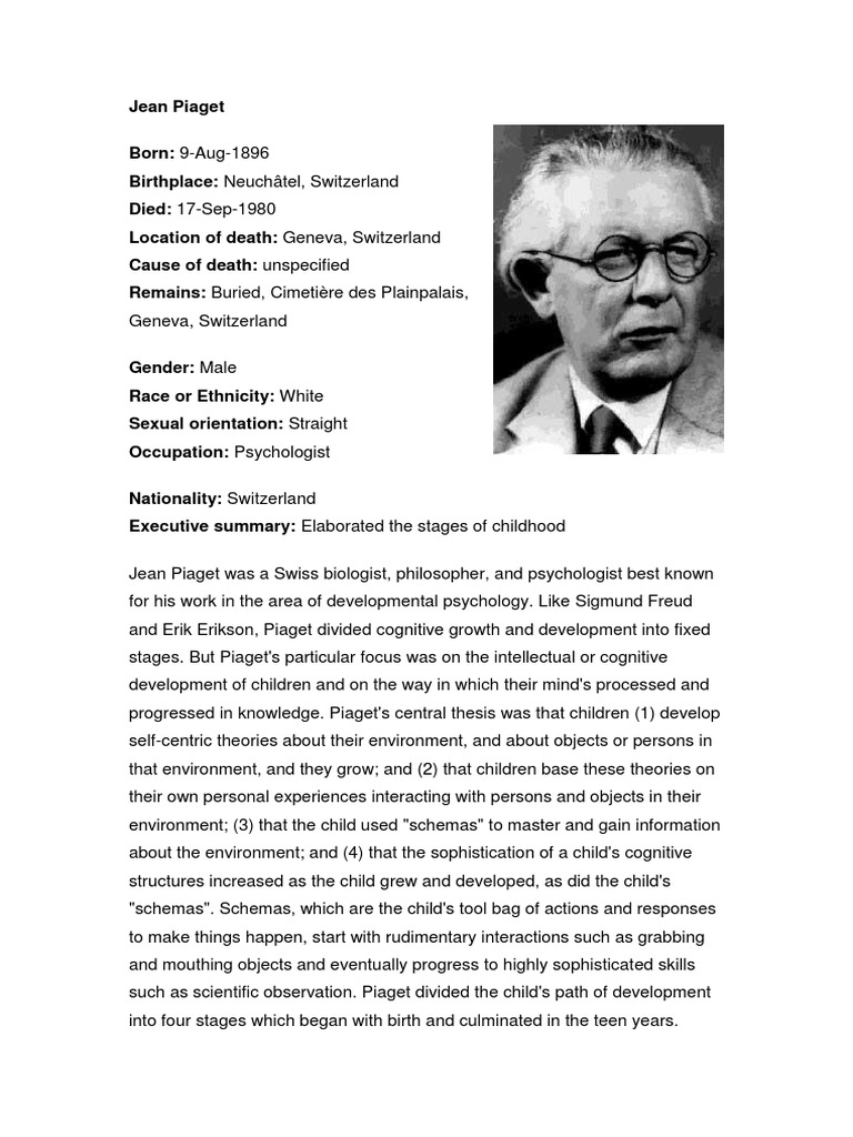 Jean Piaget Biodata | PDF | Cognitive Development | Neuropsychological ...