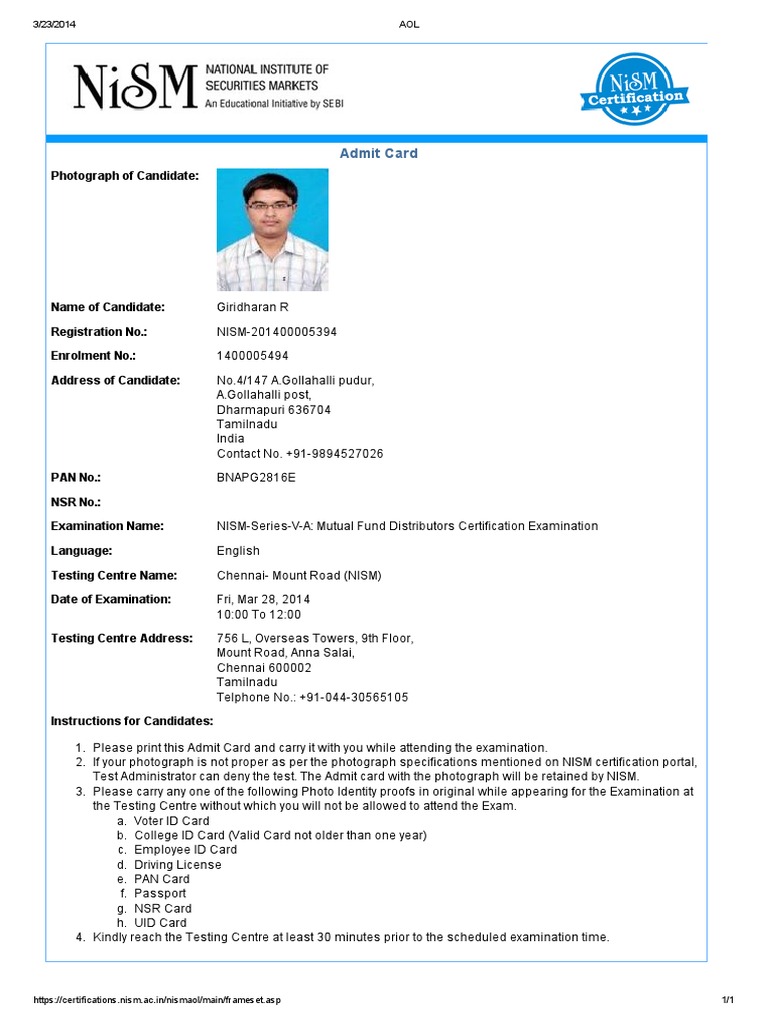 NISM Admit Card | PDF | Identity Document | Access Control