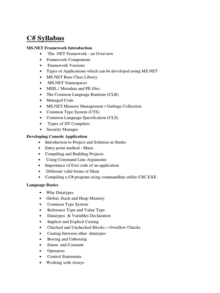 Csharp Syllabus | PDF | Class (Computer Programming) | Active Server Pages