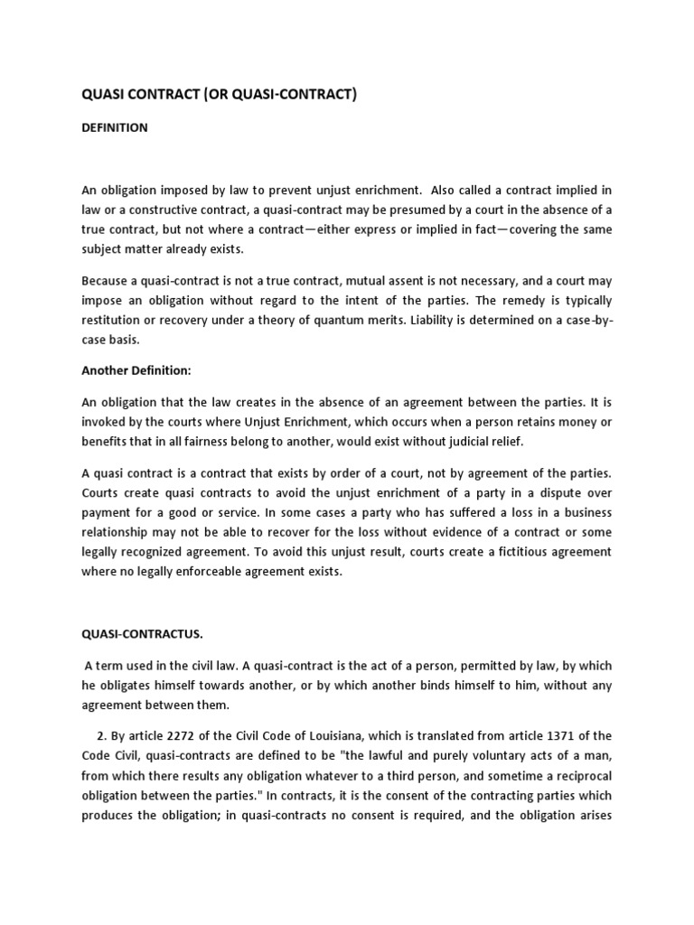 QUASI CONTRACT (OR QUASI-CONTRACT) | Specific Performance | Damages