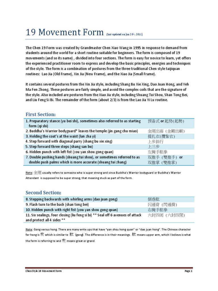 19 Movement Form - Chen Style Taijiquan | Download Free PDF | Foot | Hand