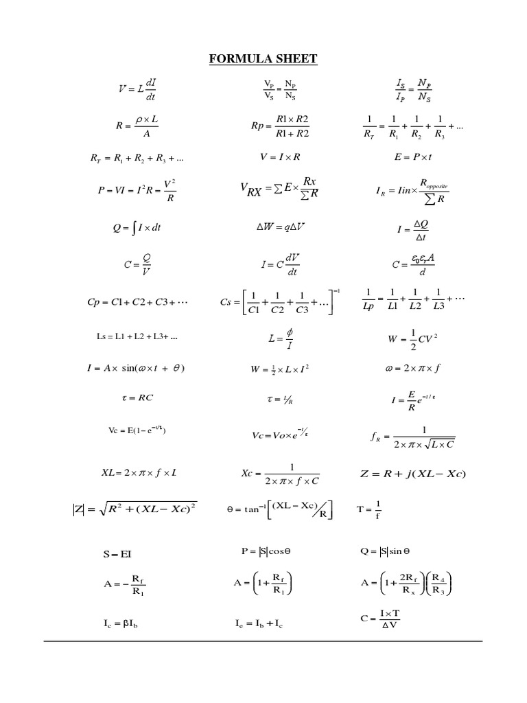 Formula Sheet: V L Di DT | PDF