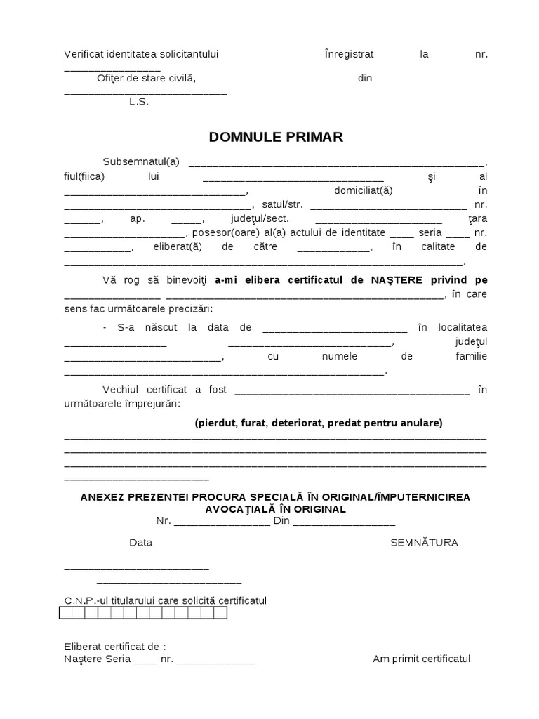 Cerere Eliberare Certificat Nastere | PDF