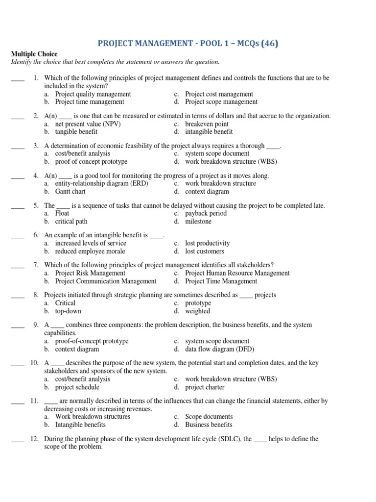 Project Management Multiple Choice Questions Covering Key Concepts ...