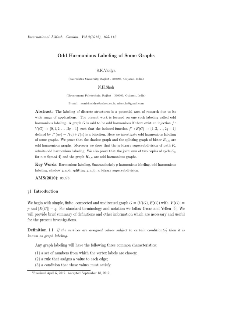 Odd Harmonious Labeling of Some Graphs | PDF | Vertex (Graph Theory) | Graph Theory