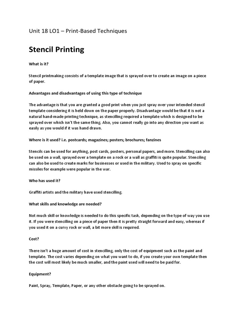 Unit 18 Printing Techniques Lo1 | PDF | Printing | Printmaking