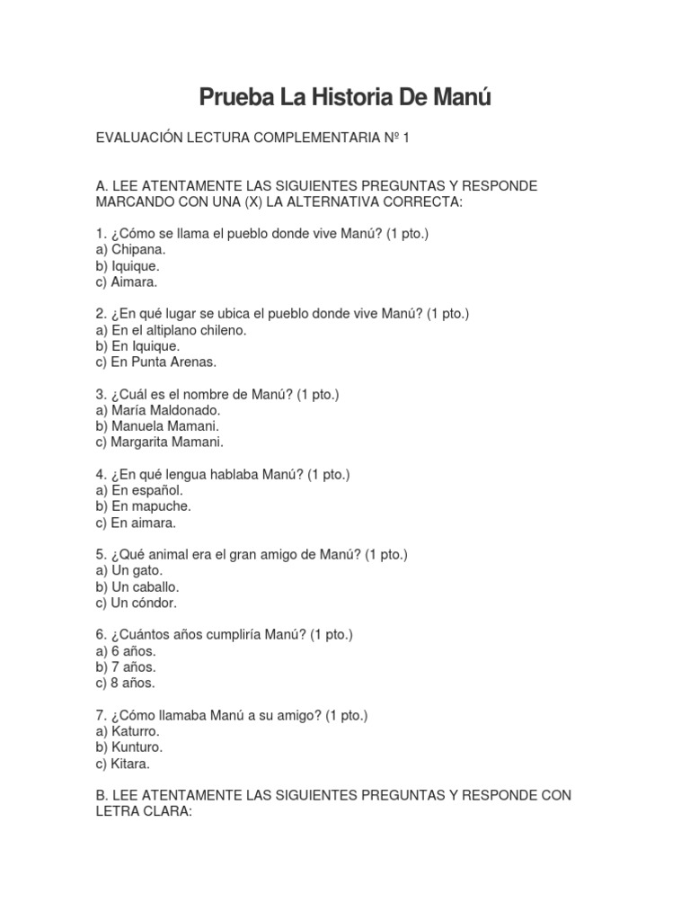 Prueba La Historia De Manú | PDF