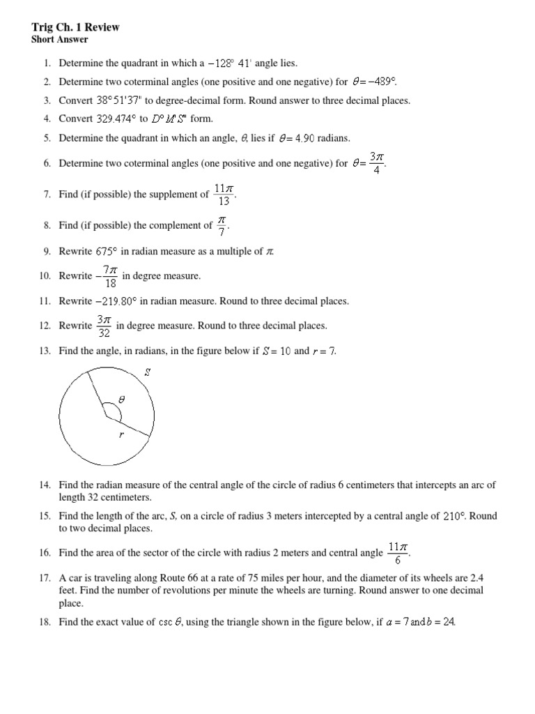 Trigonometry CH 1 Study Guide With Answers | Download Free PDF | Angle ...