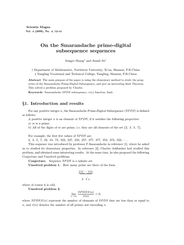 On The Smarandache Prime-Digital Subsequence Sequences | PDF | Prime Number | Sequence