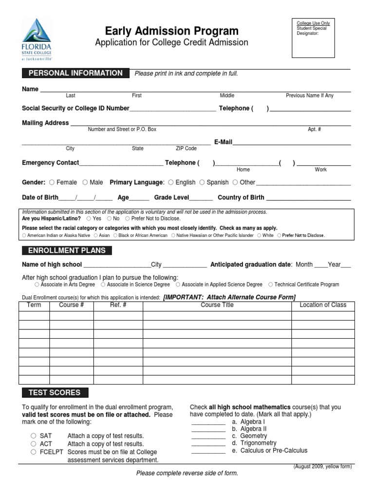 Early Admissions Application | PDF | University And College Admission ...