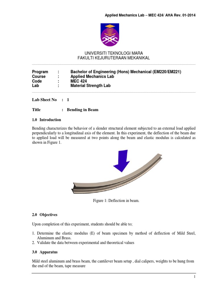 Lab Sheet 1 - Bending in Beam-Student | PDF | Science & Mathematics ...