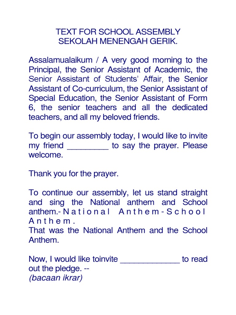 School Assembly Agenda and Speeches | PDF