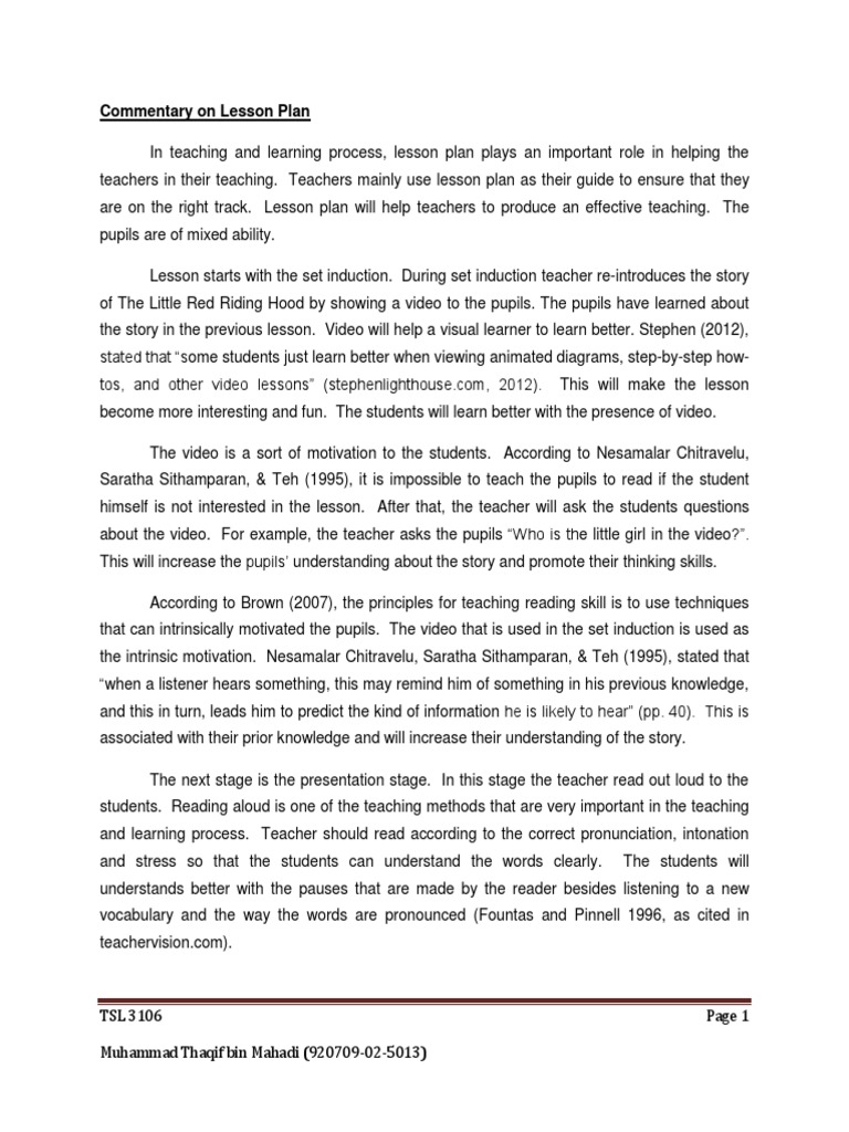 Commentary On Lesson Plan | PDF | Lesson Plan | Reading (Process)