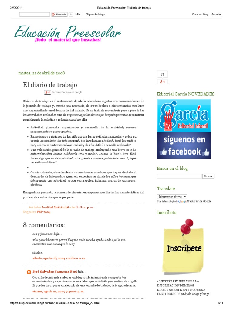 Educación Preescolar - El Diario de Trabajo PDF | PDF | Jardín de ...