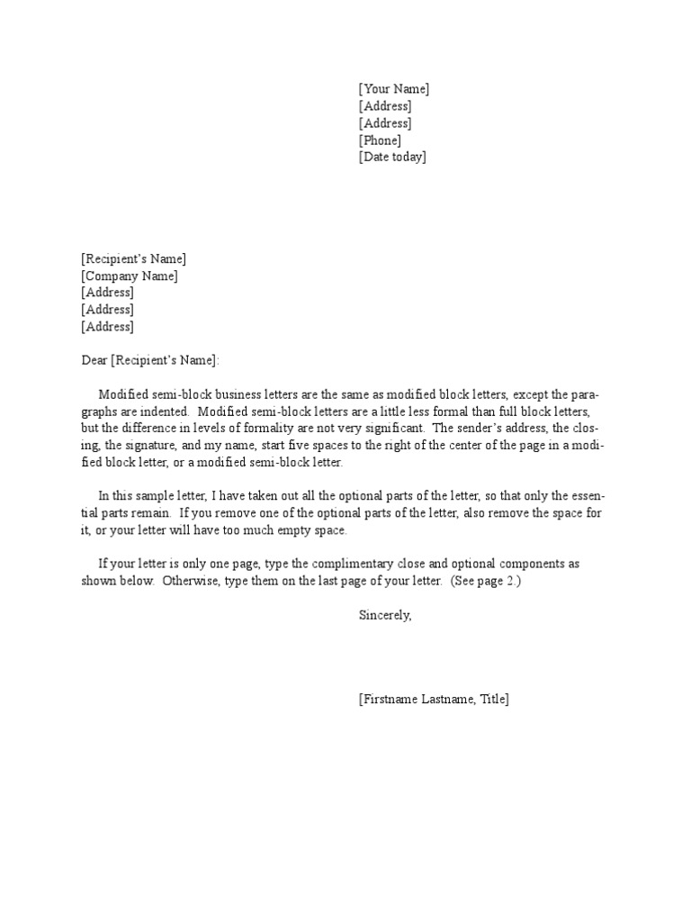 Business Writing Modified Semi-Block Letter Samples | PDF