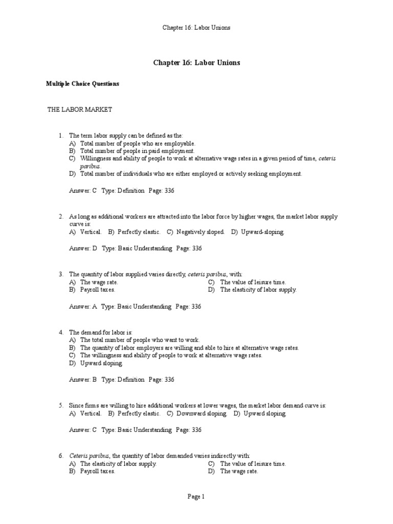 Chapter 16: Labor Unions: Multiple Choice Questions | PDF | Business ...