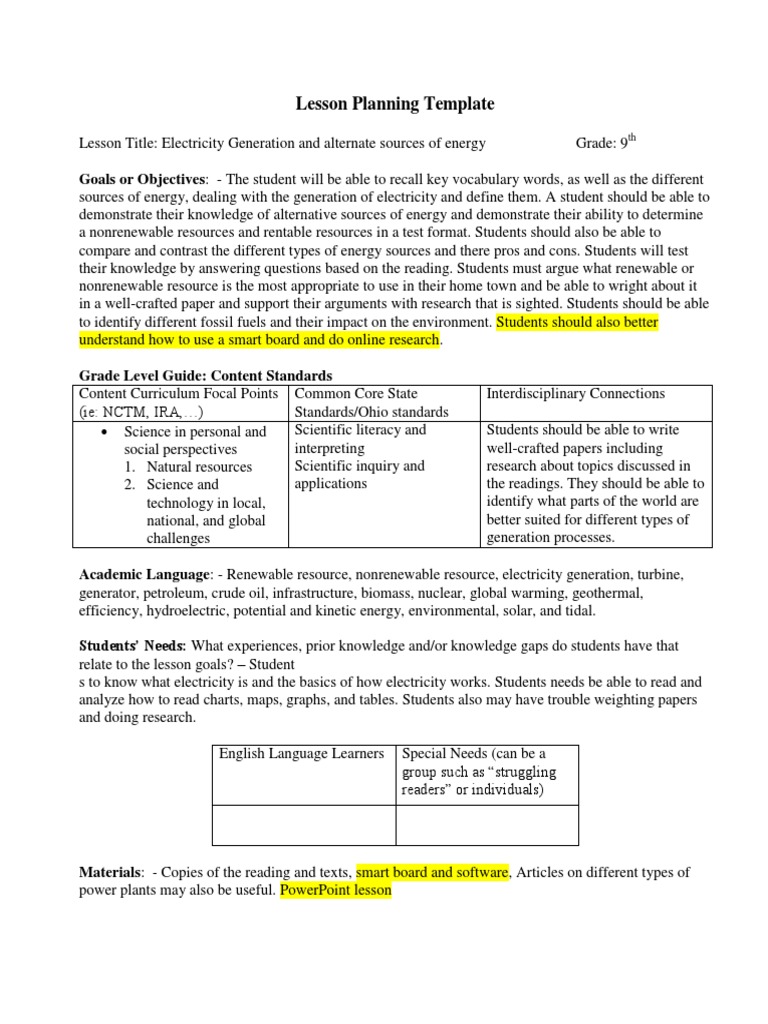Lesson Planning Template Electricity 3 With Tech 2013 | PDF | Energy Development | Educational ...
