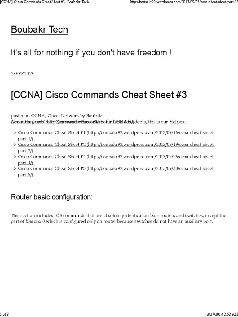(CCNA) Cisco Commands Cheat Sheet #3 | PDF | Router (Computing) | Data Transmission
