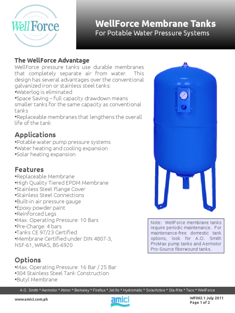 Wellforce Membrane Tanks: For Potable Water Pressure Systems | PDF ...