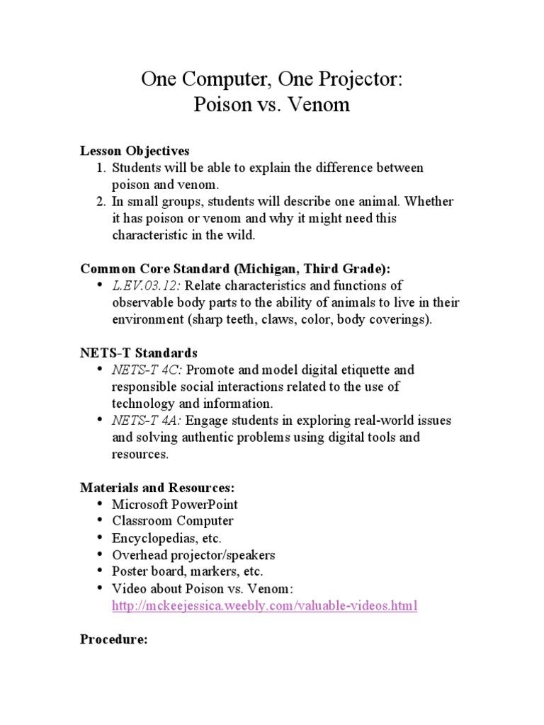 Poison vs. Venom: Classroom Lesson Plan | PDF
