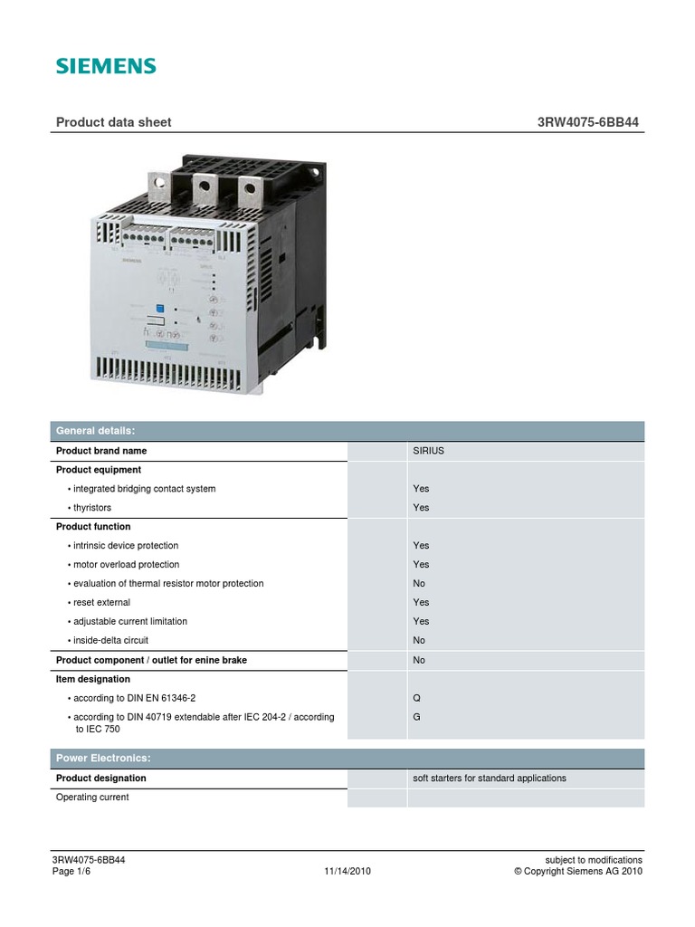 Product Data Sheet 3RW4075-6BB44: General Details | PDF | Alternating ...