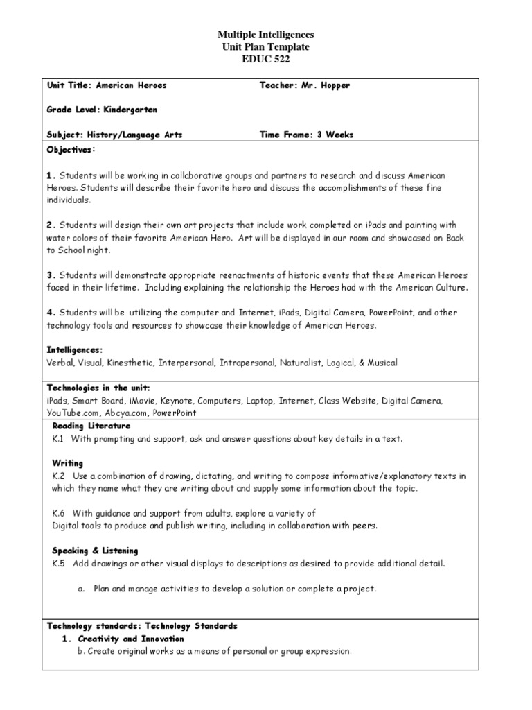 Kindergarten American Heroes Unit Plan | PDF | I Pad | Intelligence