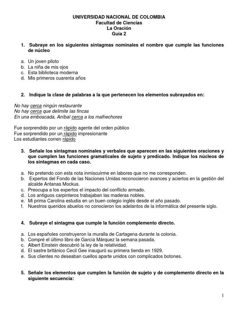 Guia 2, 3, 4 Oración, orden sintáctico | Verbo | Oración (Lingüística)