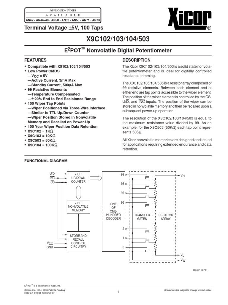 X9C102/103/104/503 Terminal Voltage 5V, 100 Taps: Available | PDF ...