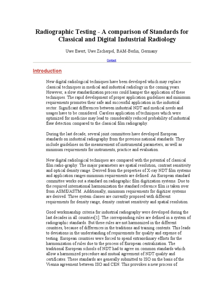 Radiographic Testing - A Comparison of Standards For Classical and ...
