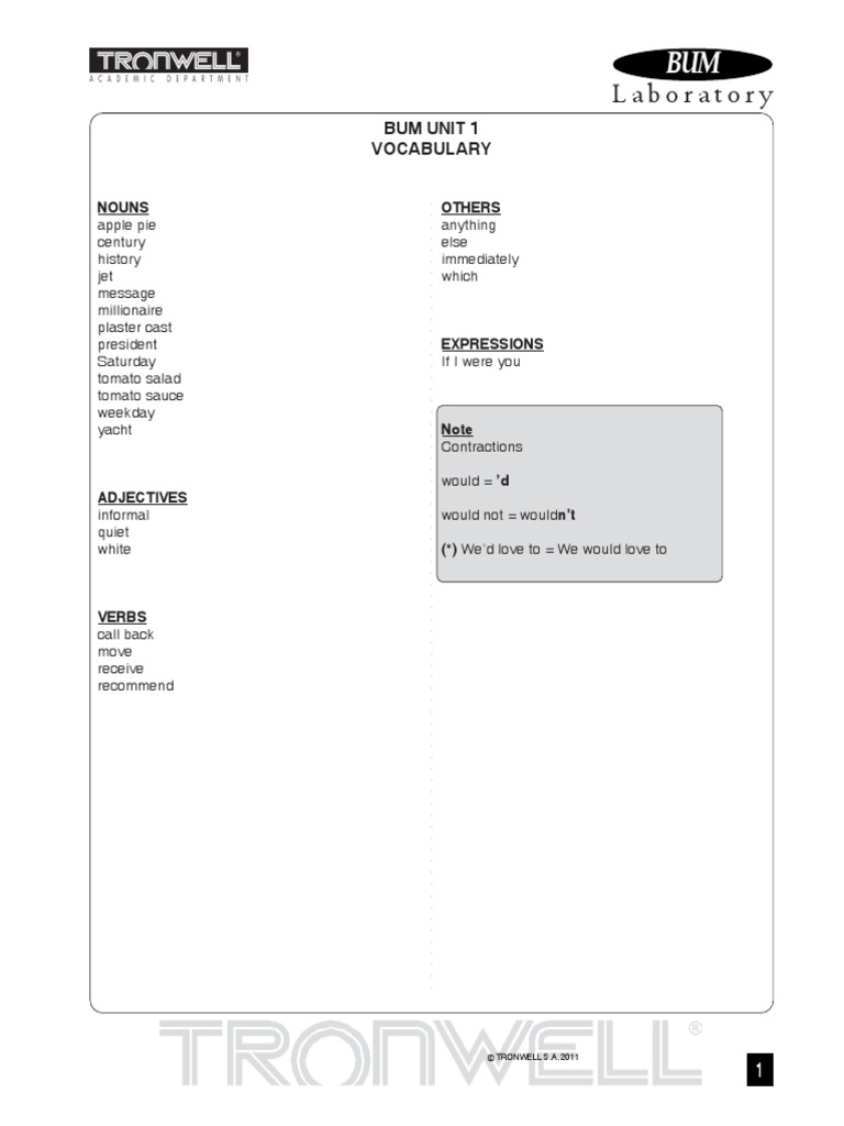 Laboratory: Bum Unit 1 Vocabulary | PDF | Verb | Grammar