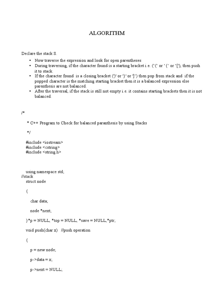 Balanced Parentheses Using Stack in C++ | PDF | Computer Programming ...