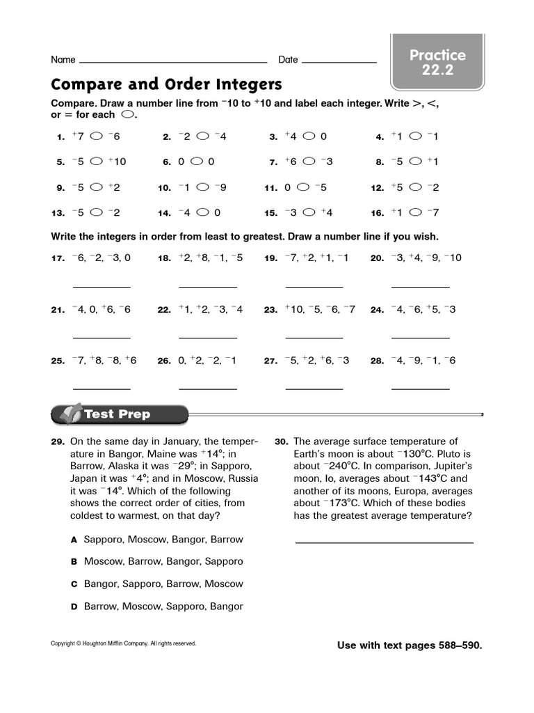 Compare and Order Integers: Practice 22.2 | PDF | Par (Score) | Subtraction
