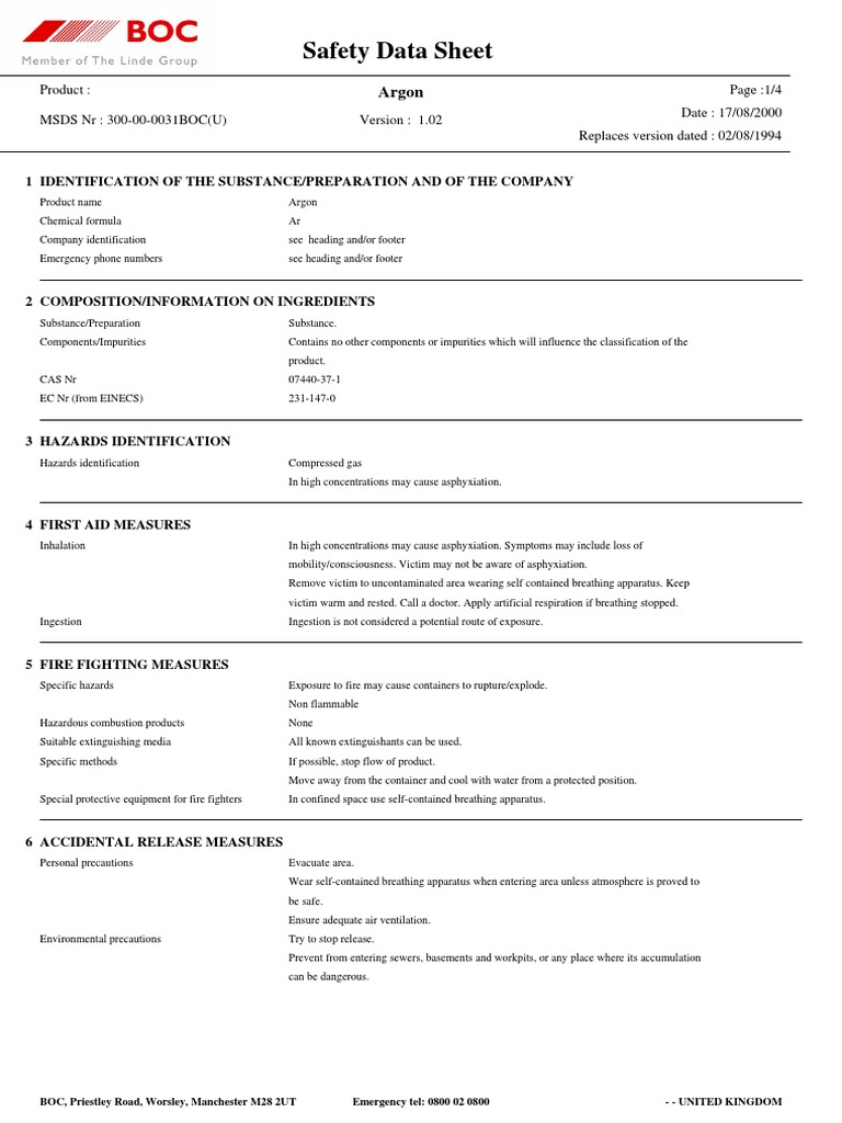 Safety Data Sheet: Argon | PDF | Gases | Safety